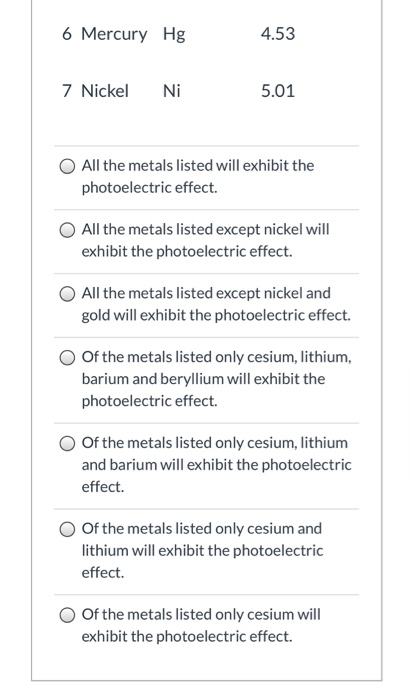 Solved The work functions for several metals are shown in | Chegg.com