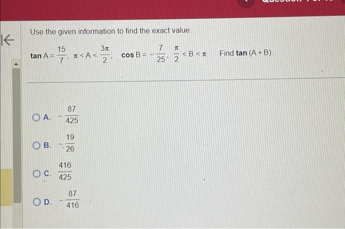 Solved Use the given information to find the exact value | Chegg.com