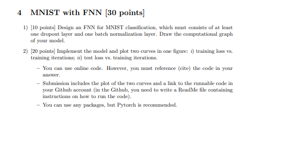 Solved 4 ﻿MNIST with FNN [30 ﻿points]1) [10 ﻿points] ﻿Design | Chegg.com