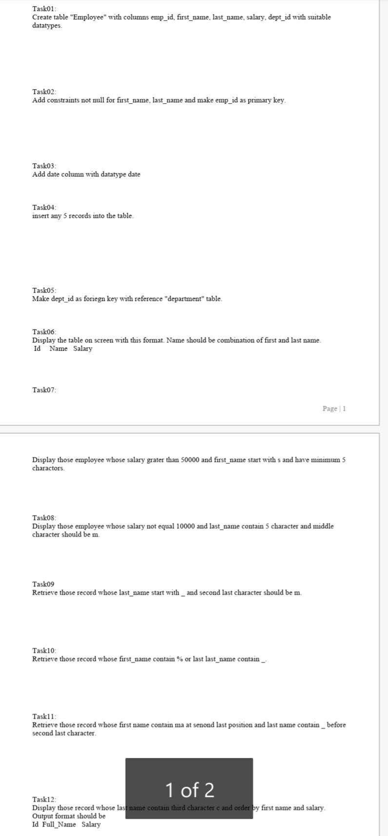 Solved Task01 Create table "Employee" with columns emp_id, | Chegg.com