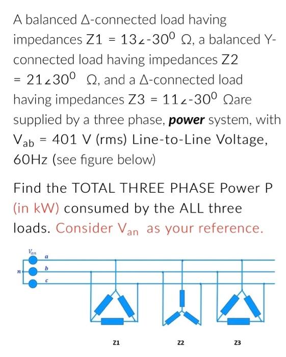 Solved = A balanced A-connected load having impedances Z1 = | Chegg.com