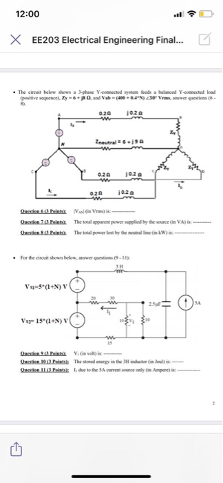 Solved 12:00 .nl X EE203 Electrical Engineering Final... • | Chegg.com