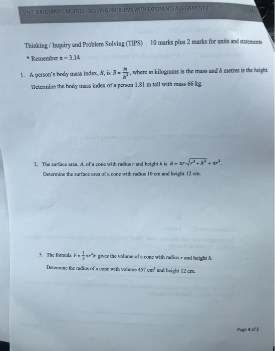 Solved UNIT 3 ALGEBRAIC MODELS -SOLVING PROBLEMS WITH | Chegg.com