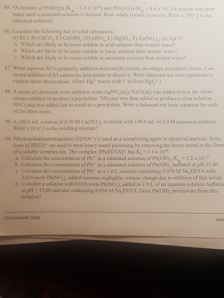 Solved 45. *A mixture of PbSO,(s) (K - 1.6 x 10") and | Chegg.com