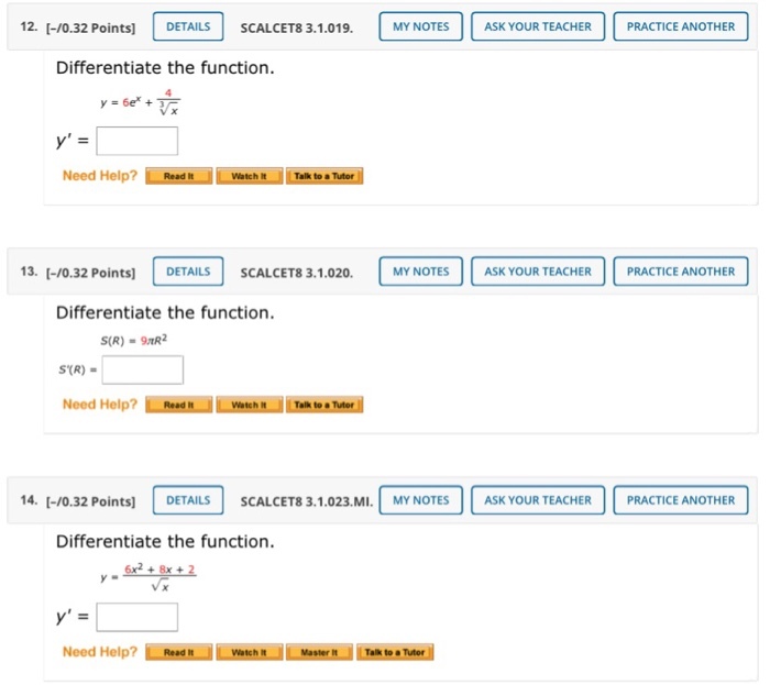 Solved 12. (-/0.32 Points] DETAILS SCALCET8 3.1.019. MY | Chegg.com