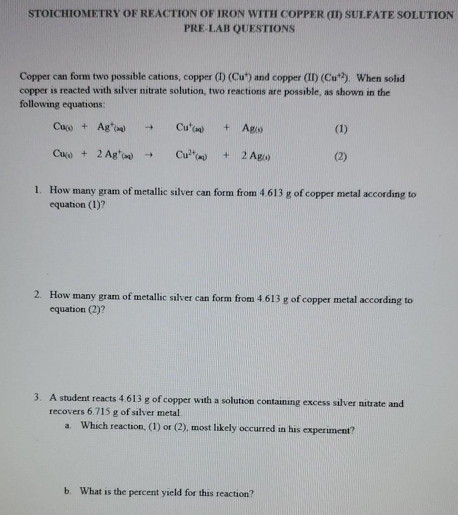 Solved STOICHIOMETRY OF REACTION OF IRON WITH COPPER (I) | Chegg.com