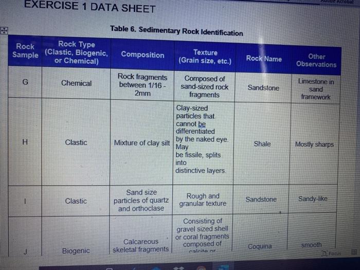 Solved: н H J Doroba EXERCISE 1 DATA SHEET Table 6. Sedime... | Chegg.com