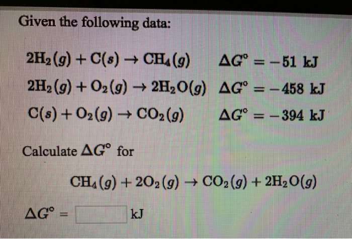Solved Given the following data: 2H2(g) + C(s) + CH (9) AG° | Chegg.com