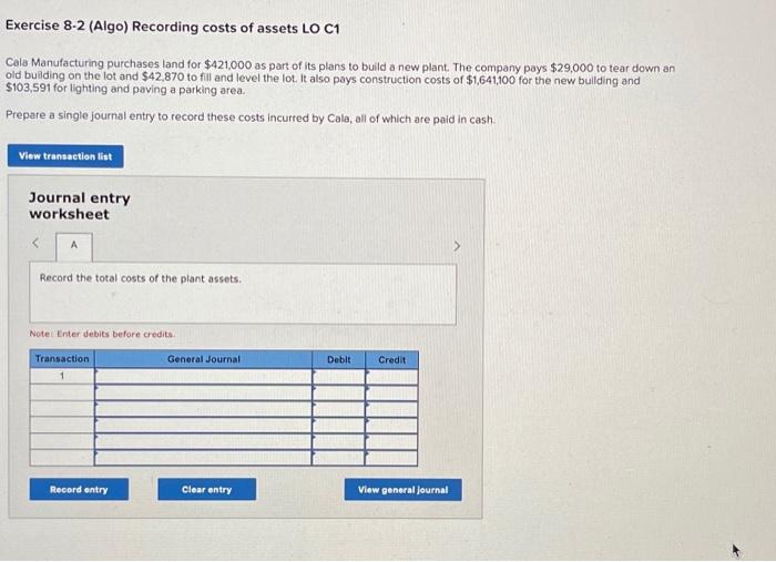 Solved Exercise 8-1 (Algo) Cost of plant assets LO C1 Rizio | Chegg.com