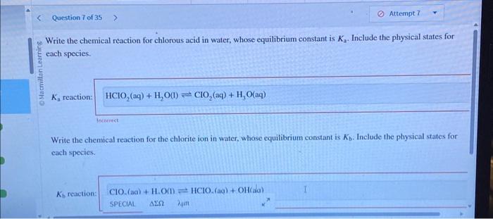 Solved write the chemical reaction for chlorous acid in | Chegg.com