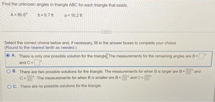 Solved Find the unknown angles in triangle ABC for each | Chegg.com
