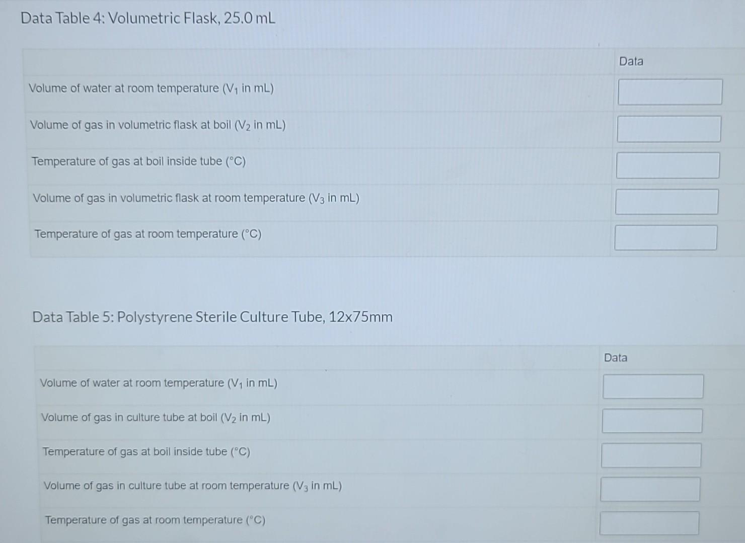 Solved Data Table 4: Volumetric Flask. 25.0ml Data Table 5: | Chegg.com