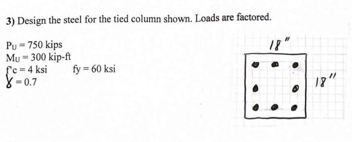 Solved 3) Design the steel for the tied column shown. Loads | Chegg.com