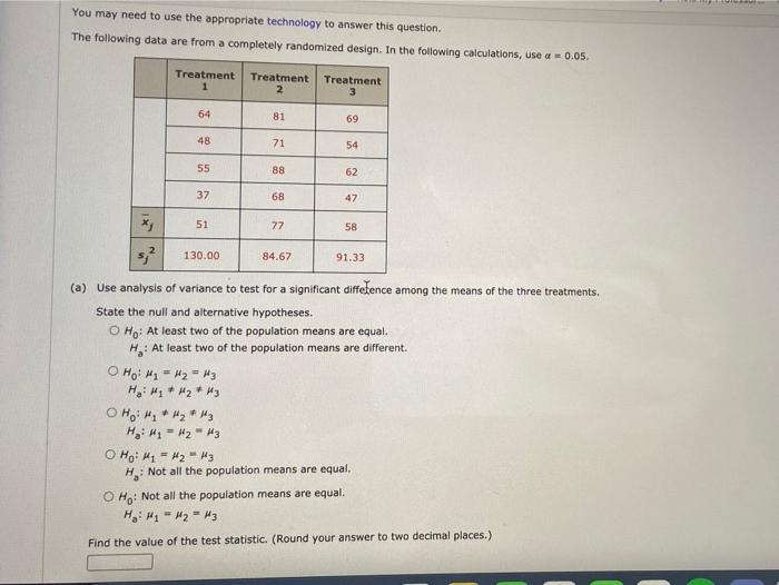 Solved The following data are from a completely randomized | Chegg.com