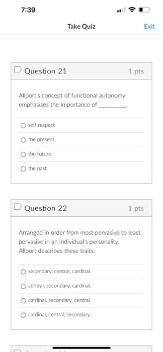 Solved Allport's concept of functional autonomy emphasizes | Chegg.com