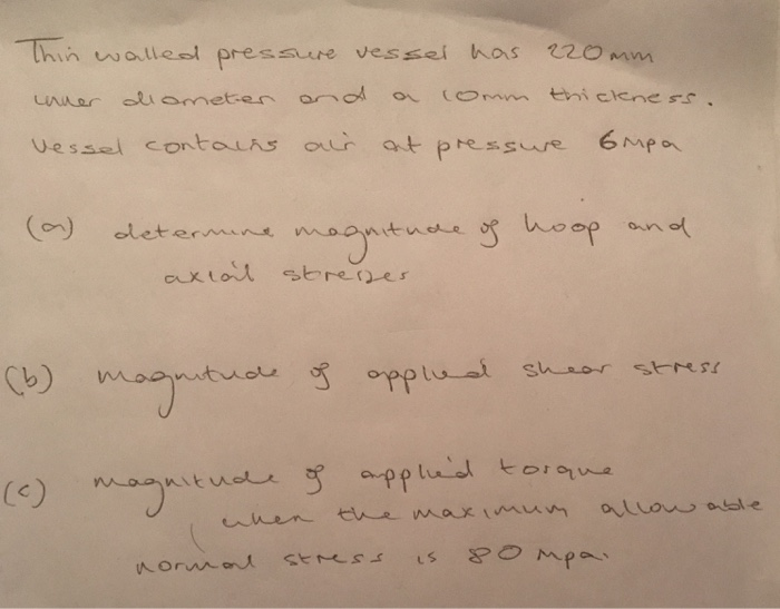 Solved 220mm Thin walled pressure vessel has under diometer | Chegg.com
