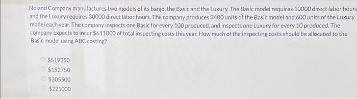 Solved Noland Company manufactures two models of its banjo, | Chegg.com
