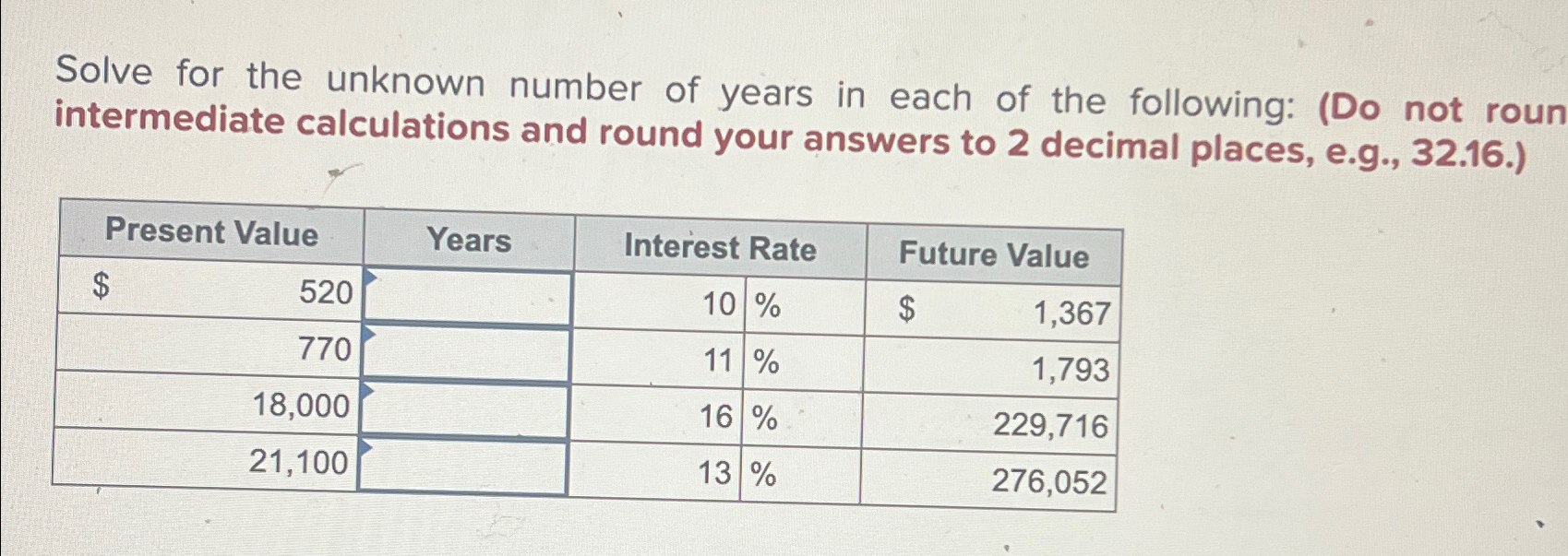 Solve for the unknown number of years in each of the | Chegg.com