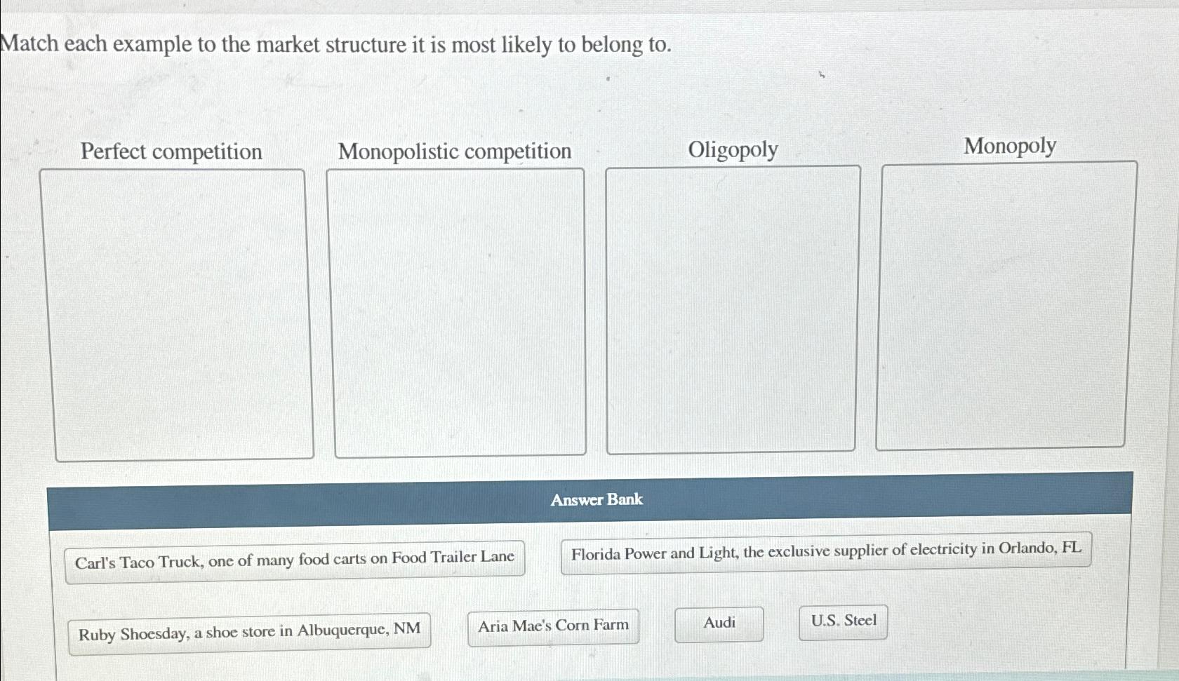 Solved Match each example to the market structure it is most | Chegg.com