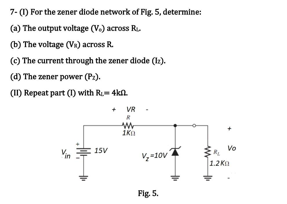 Solved 7- (I) For the zener diode network of Fig. 5, | Chegg.com