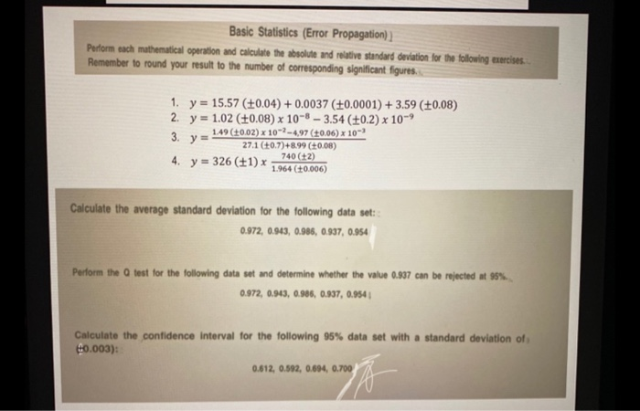 Solved Basic Statistics (Error Propagation)) Perform each | Chegg.com