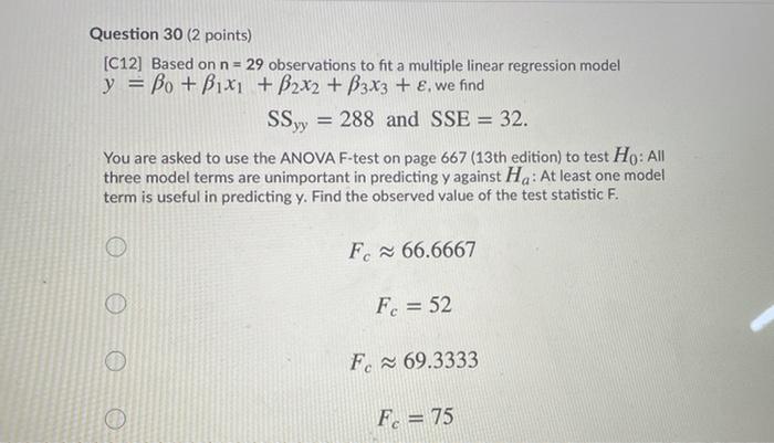Solved Question 30 (2 points) (C12] Based on n = 29 | Chegg.com