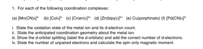 Solved 1. For each of the following coordination complexes: | Chegg.com