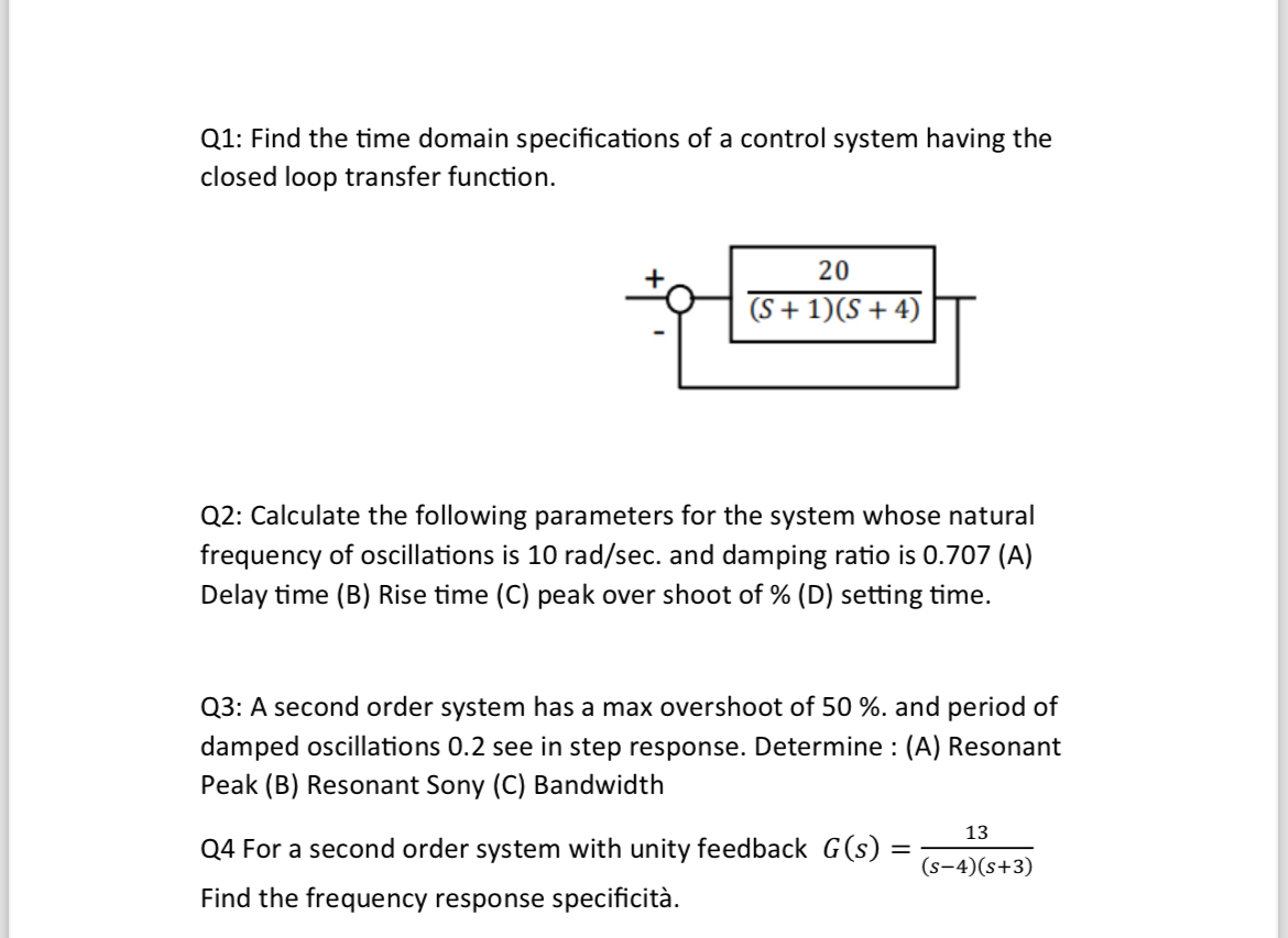 Solved Q1: Find the time domain specifications of a control | Chegg.com