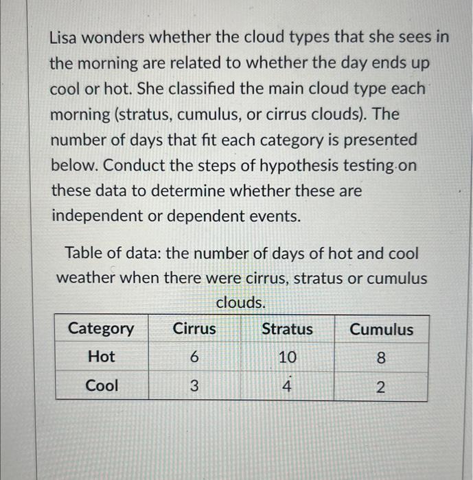 Solved Lisa wonders whether the cloud types that she sees in | Chegg.com