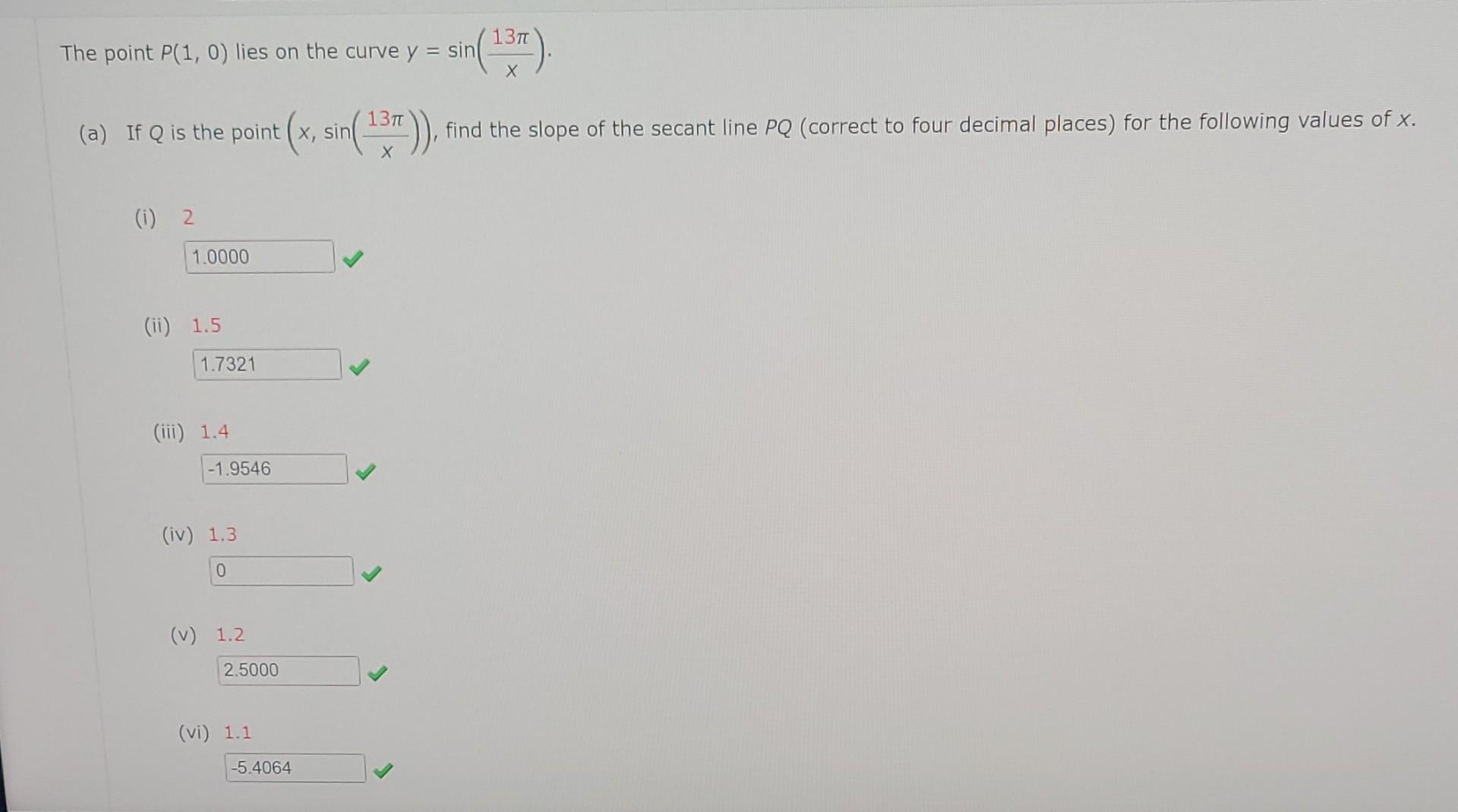 Solved The point P(1, 0) lies on the curve y = sin (137) (a) | Chegg.com