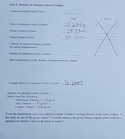 Solved Pari C. ﻿Density of Unknown Metal CylinderUnknown | Chegg.com