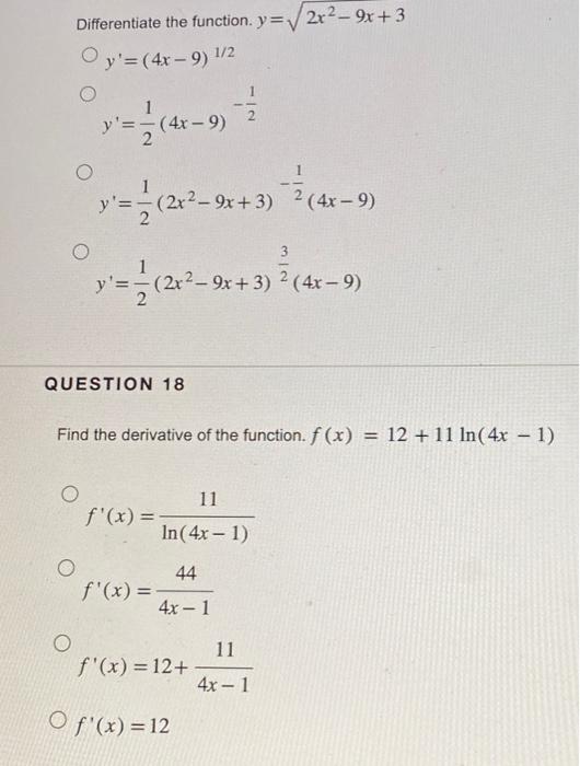 Solved Differentiate the function. y=2x2−9x+3 | Chegg.com