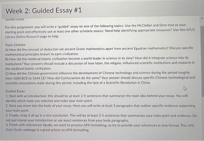 Week 2: Guided Essay #1 Guided Essay For this | Chegg.com