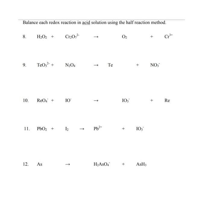 Solved Balance each redox reaction in acid solution using | Chegg.com