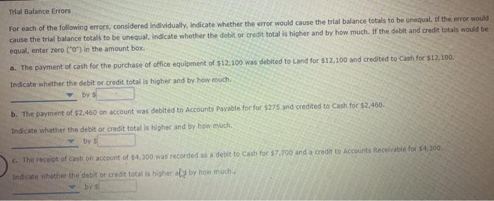Solved Trial Balance Errors For each of the following | Chegg.com