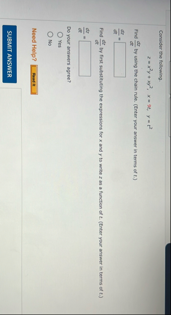 Solved Consider the following.z=x2y xy2,x=9t,y=t2Find dzdt | Chegg.com