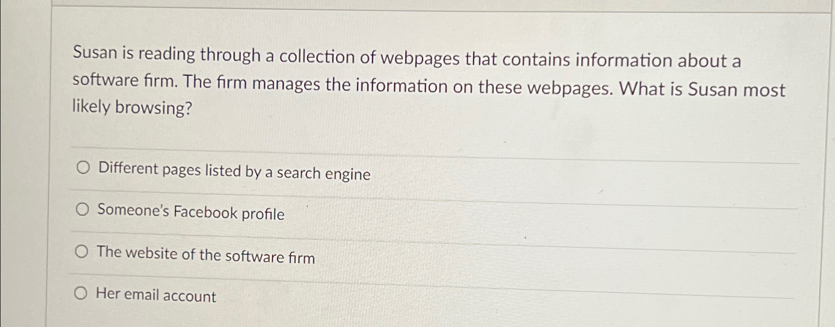 Solved Susan is reading through a collection of webpages | Chegg.com