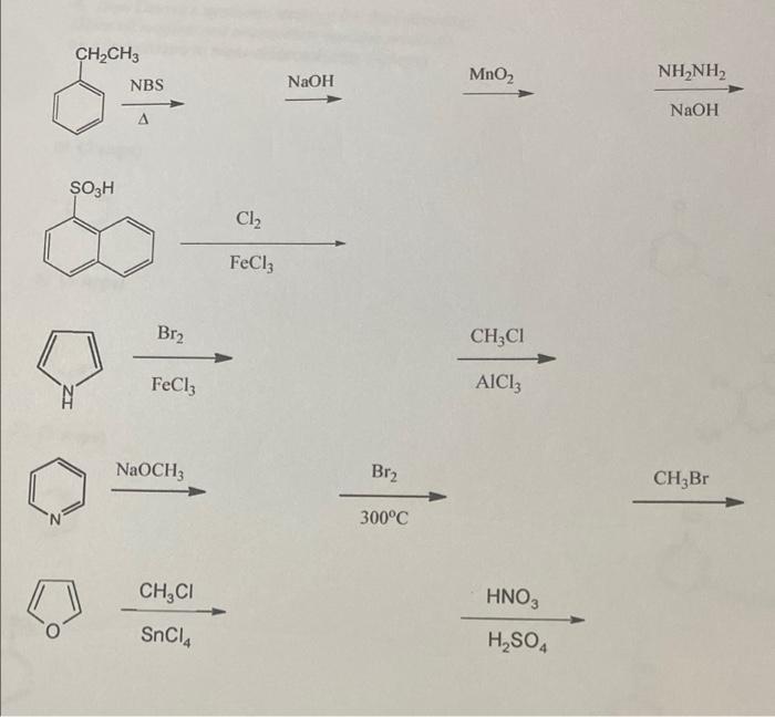 Solved CH2CH3 NBS MnO2 NHANH, NaOH NaOH Δ SO3H Cl2 FeCl3 Br2 | Chegg.com