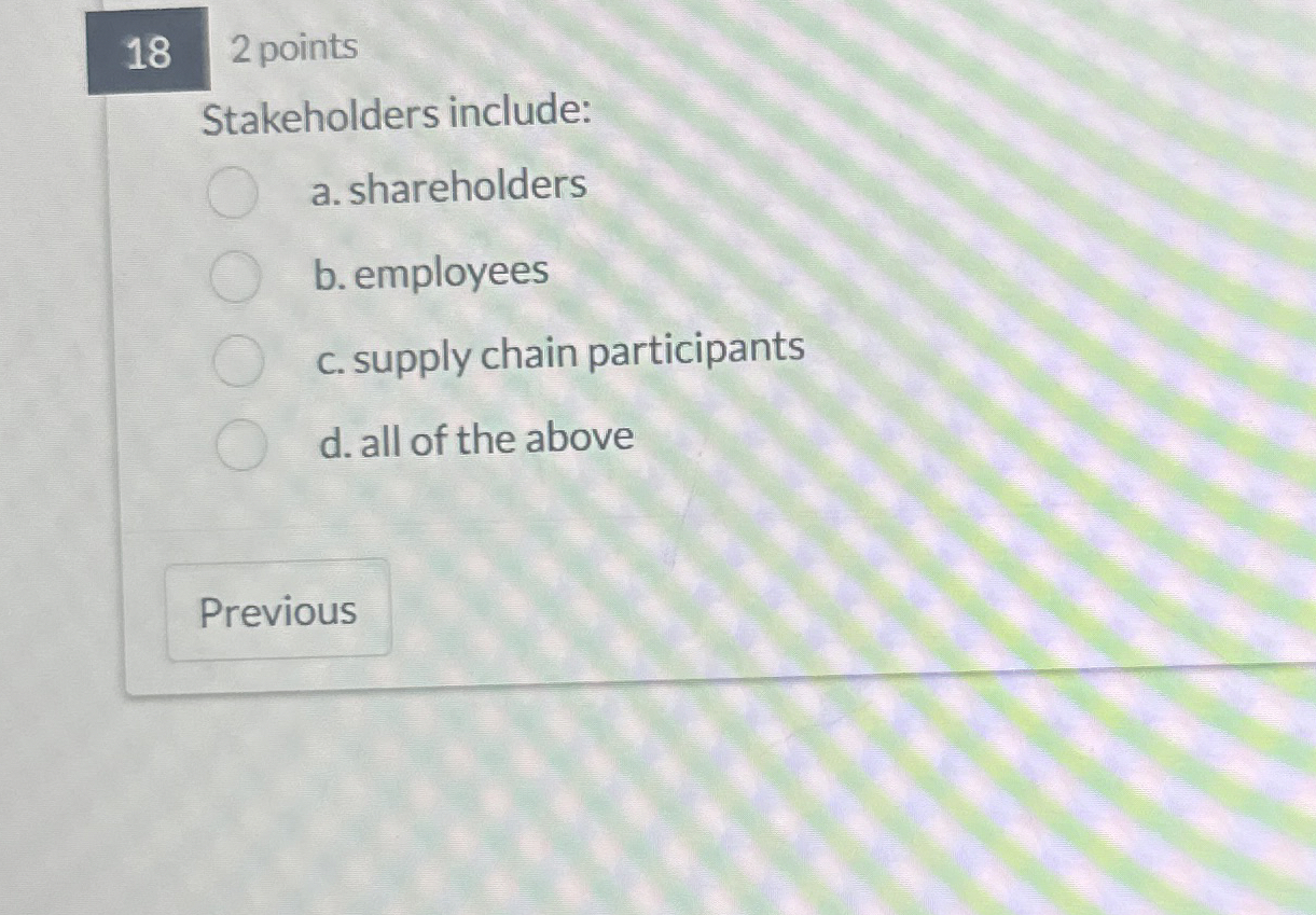 Solved Stakeholders include:a. ﻿shareholdersb. ﻿employeesc. | Chegg.com