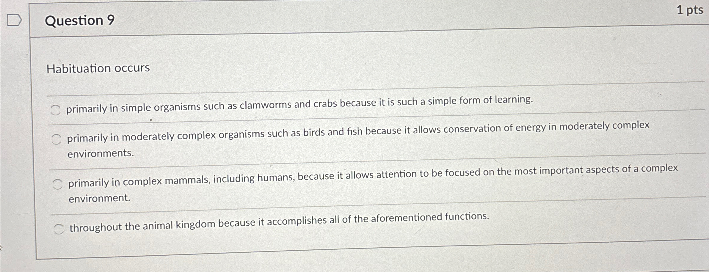 Solved Question 9 1 ﻿pts Habituation occurs q, ﻿primarily in | Chegg.com