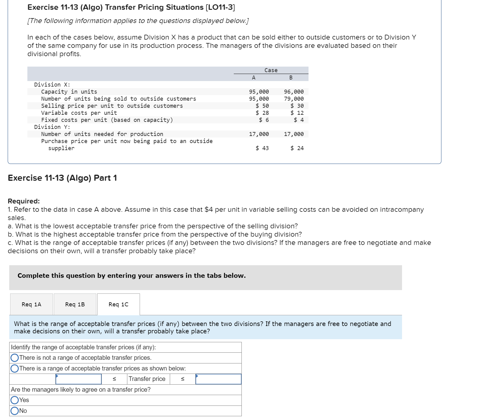 Solved Exercise 11-13 (Algo) ﻿Transfer Pricing Situations | Chegg.com