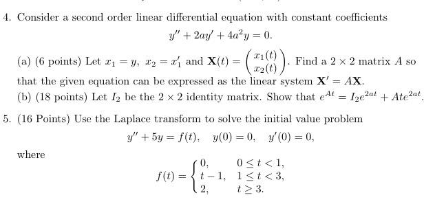 Solved 4. Consider a second order linear differential | Chegg.com