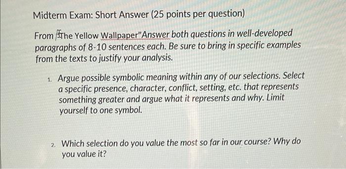 Midterm Exam: Short Answer (25 points per question) | Chegg.com