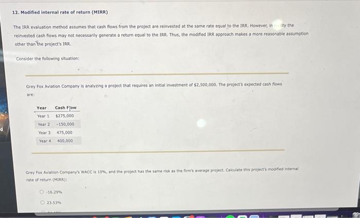 Solved 12. Modified internal rate of return (MIRR) The IRR | Chegg.com