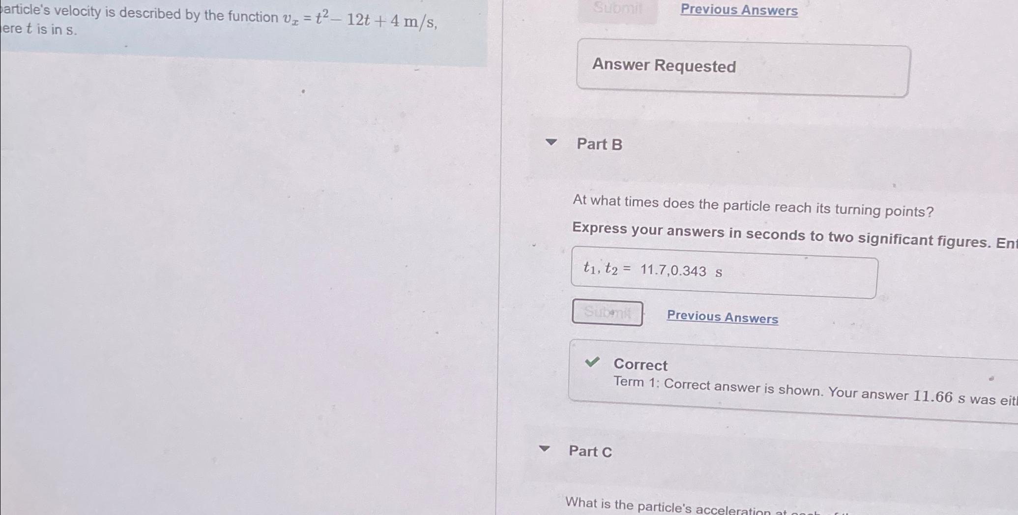 Solved article's velocity is described by the function | Chegg.com