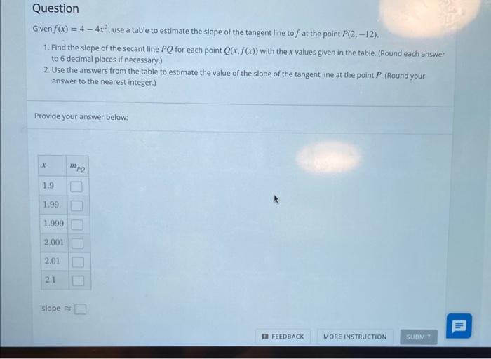 Solved Given f(x)=4−4x2, use a table to estimate the slope | Chegg.com