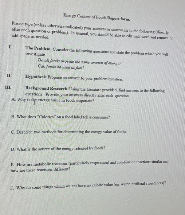 Solved Energy Content of Foods Lab Instructions. (using the | Chegg.com