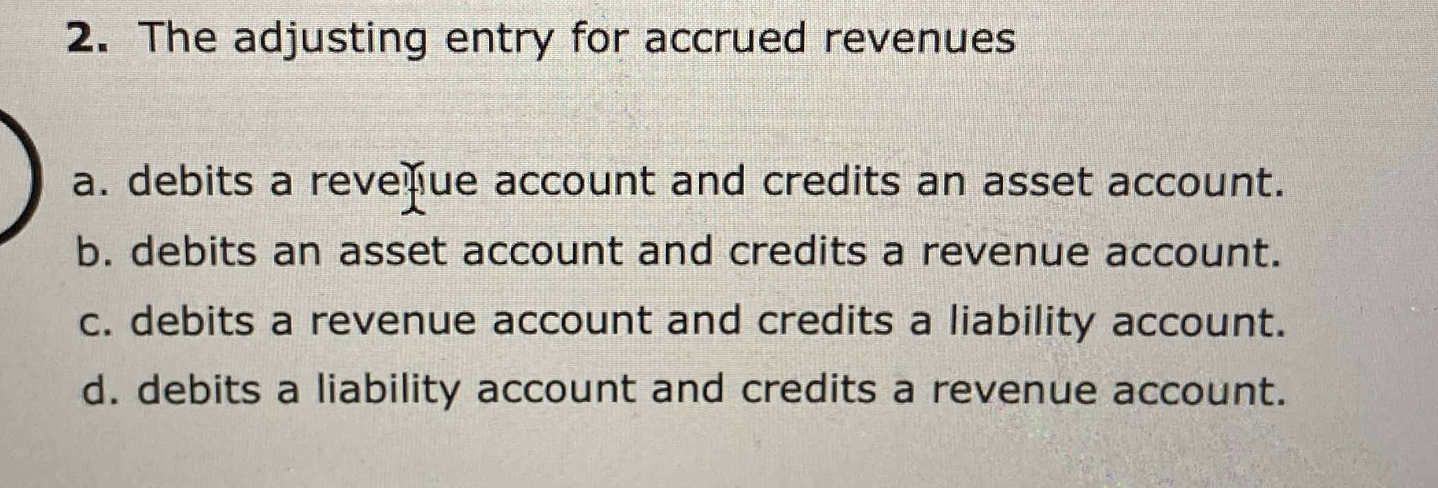 Solved The adjusting entry for accrued revenuesa. ﻿debits a | Chegg.com