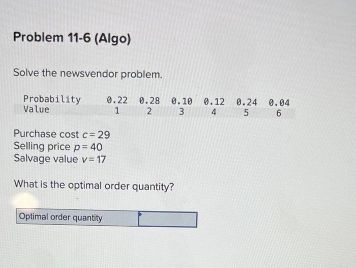 Solved Solve the newsvendor problem. Purchase cost c=29 | Chegg.com