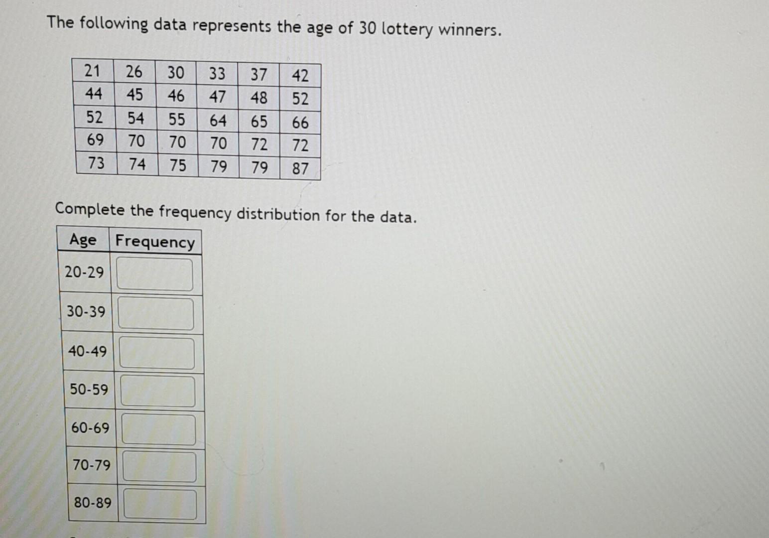 Solved The following data represents the age of 30 lottery | Chegg.com